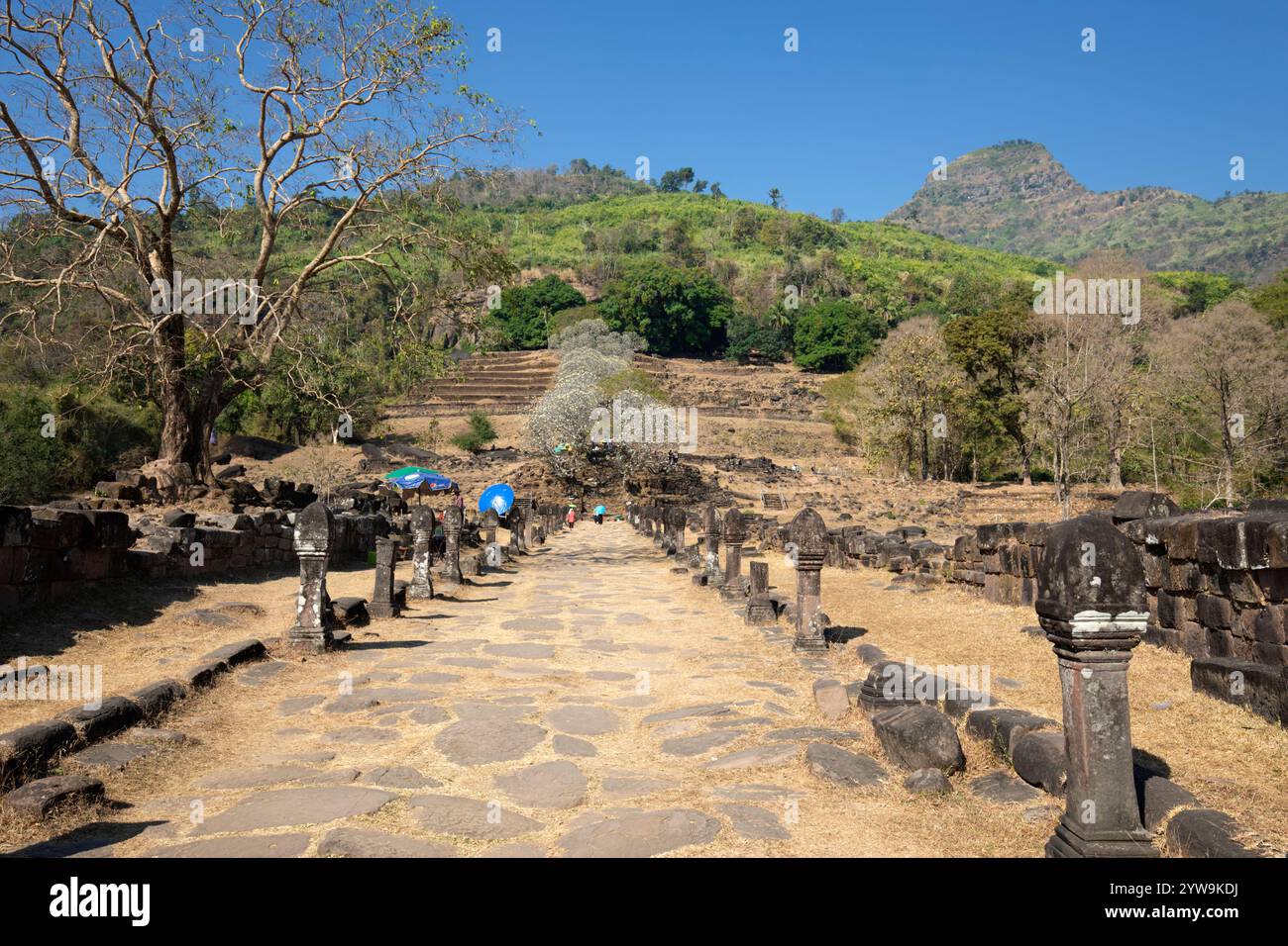 Ruins of the Khmer Hindu site of Wat Phou under Phou Khao mountain ...