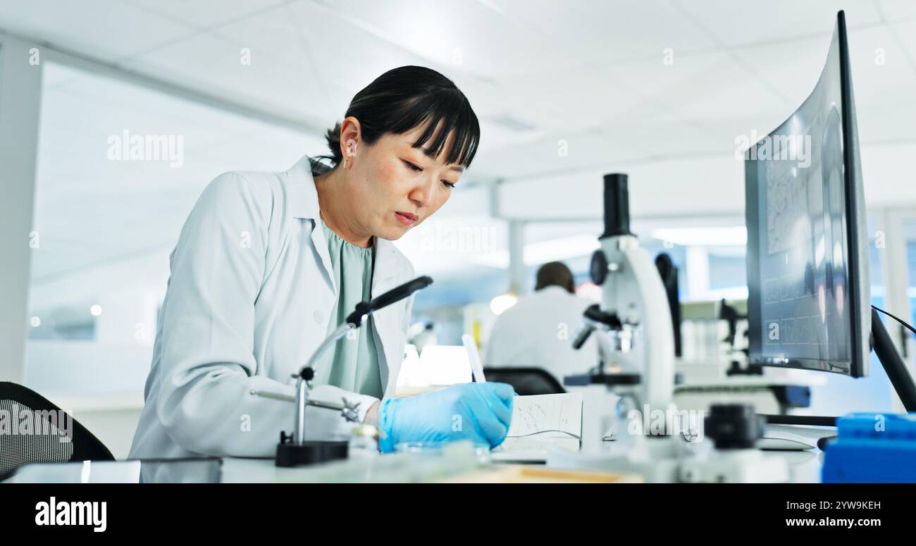 Scientist, woman and research notes with computer, notebook and sample ...