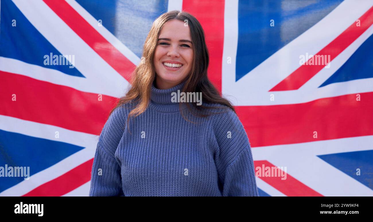 Portrait, smile and woman with British flag for national pride, support ...