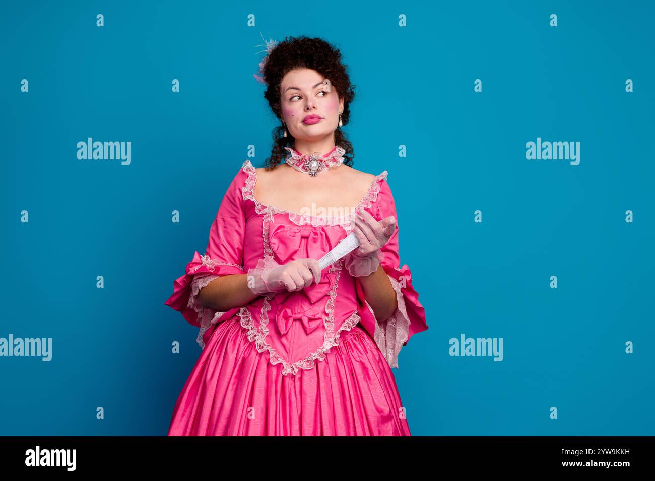 Photo of gorgeous spoiled lady dressed pompous rococo costume holding ...