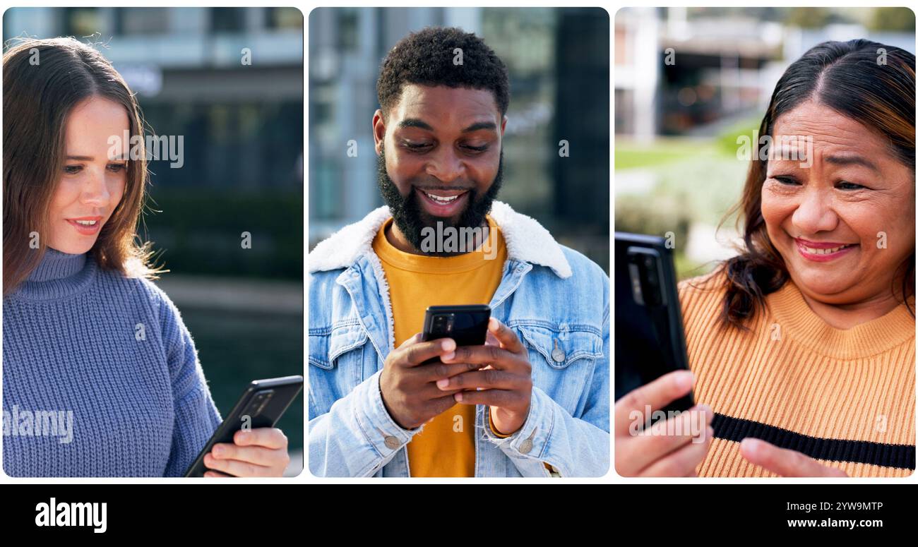 Collage, phone and connection with people in city for communication ...