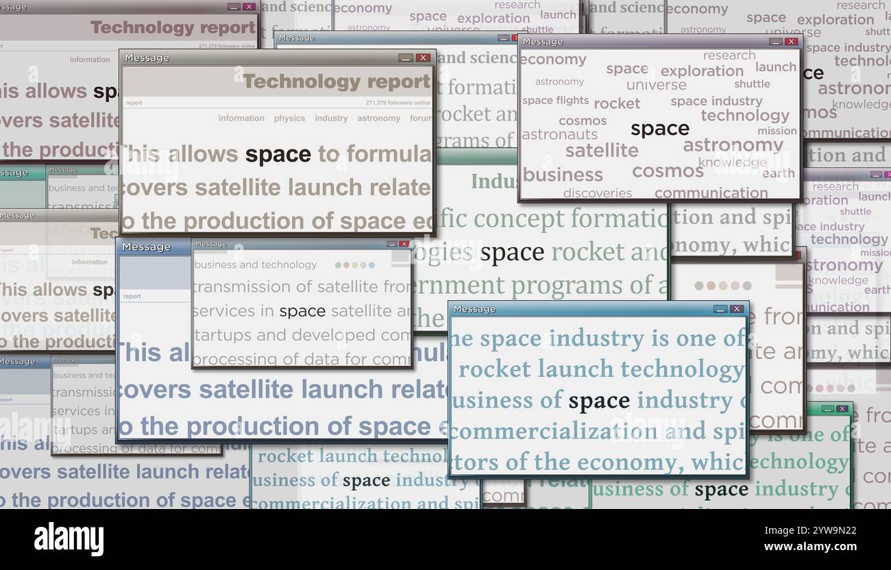 Space industry and research pop up windows on computer screen. Abstract ...