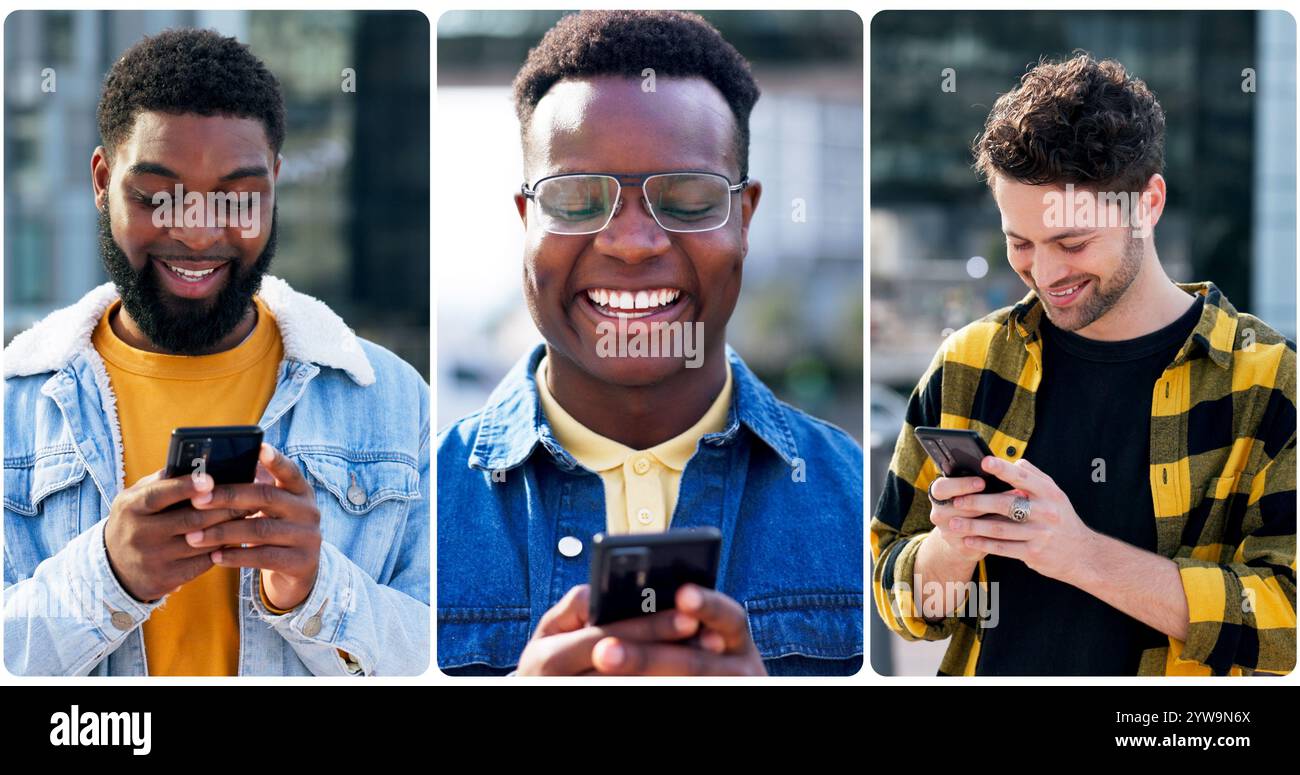 Collage, phone and social media with people in city for communication ...