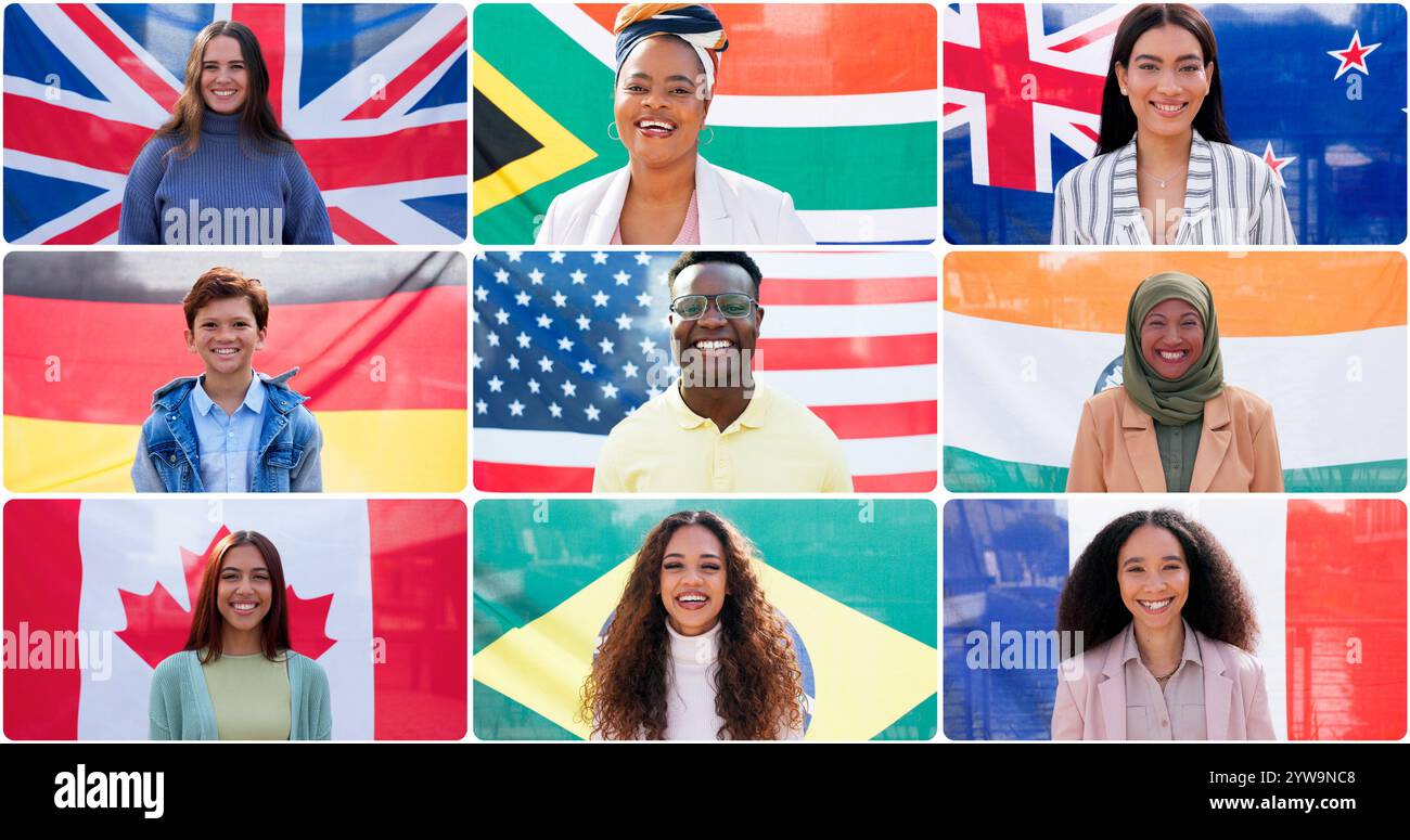 Portrait, people and collage with country flags for diversity, unity ...