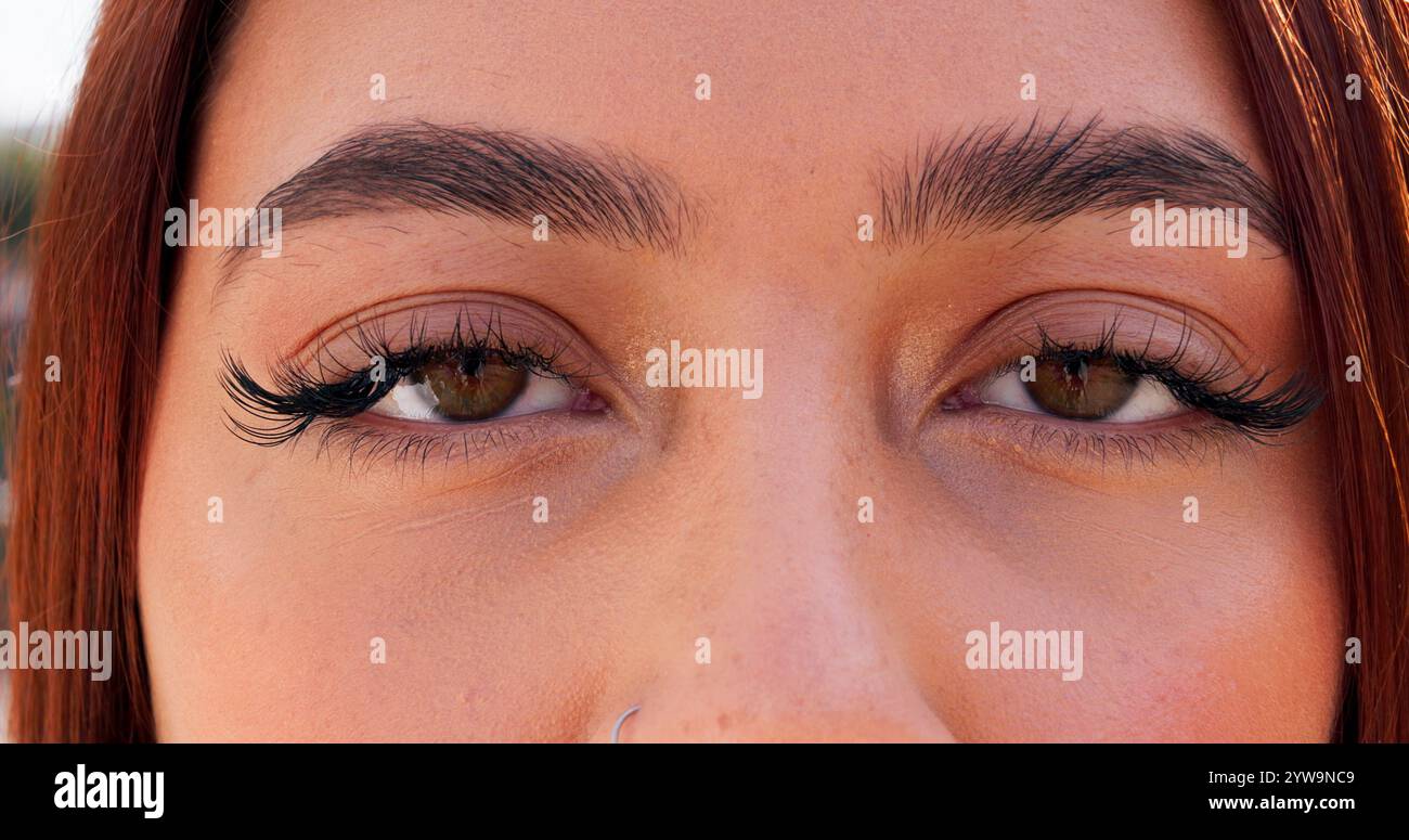 Beauty, eyelashes and person with mascara, closeup and makeup for ...