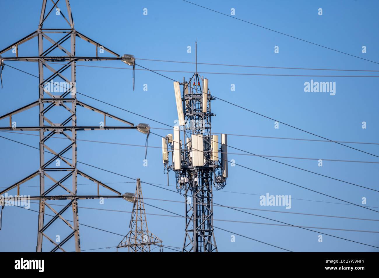 High voltage metal towers with a multitude of cables and a tower with ...