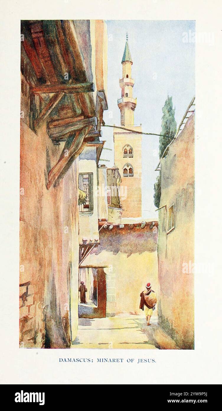 Minaret of Jesus, Damascus. Vintage colour illustration of Damascus ...