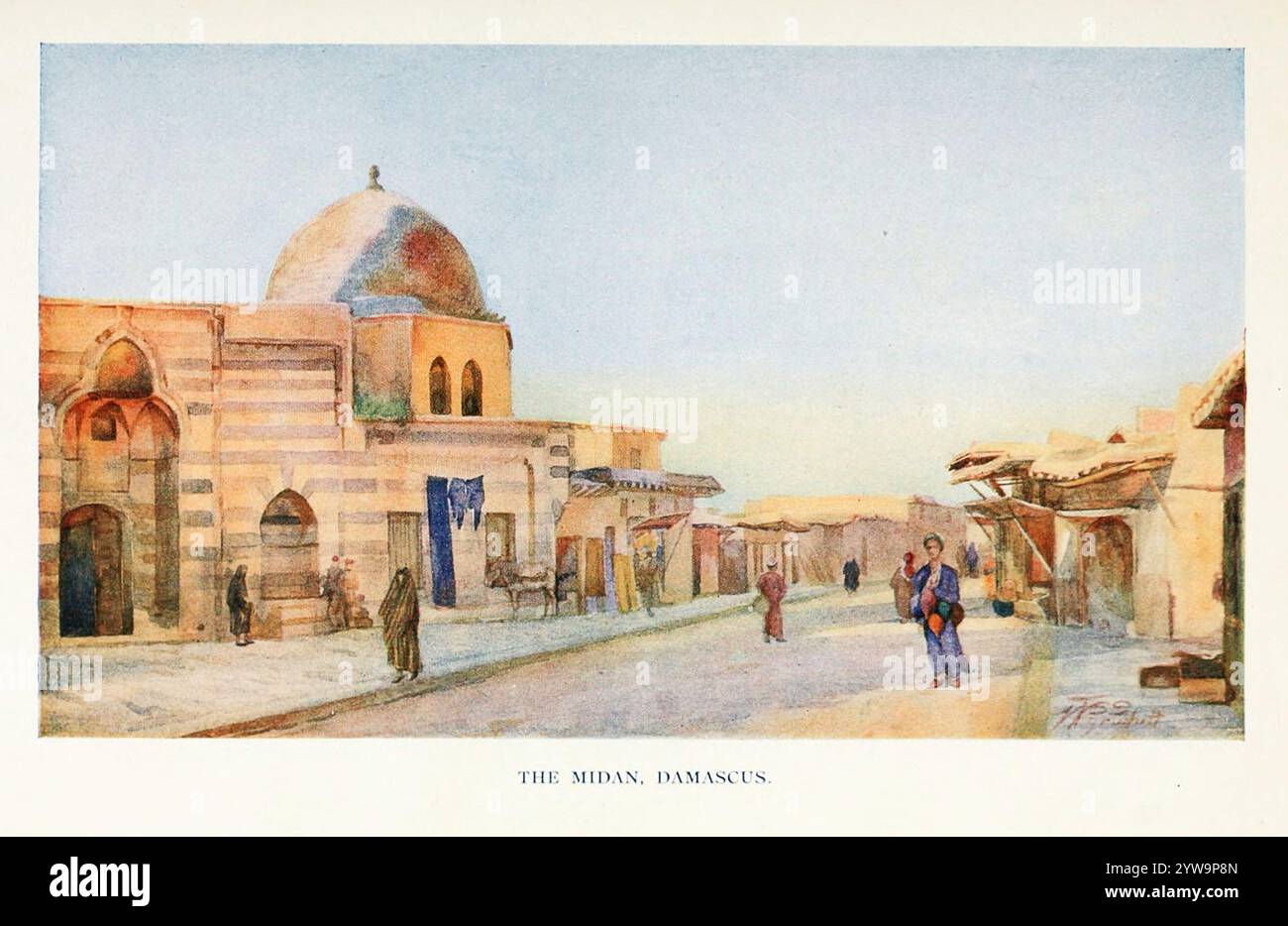 The Midan, Damascus. Vintage colour illustration of Damascus, Syria ...