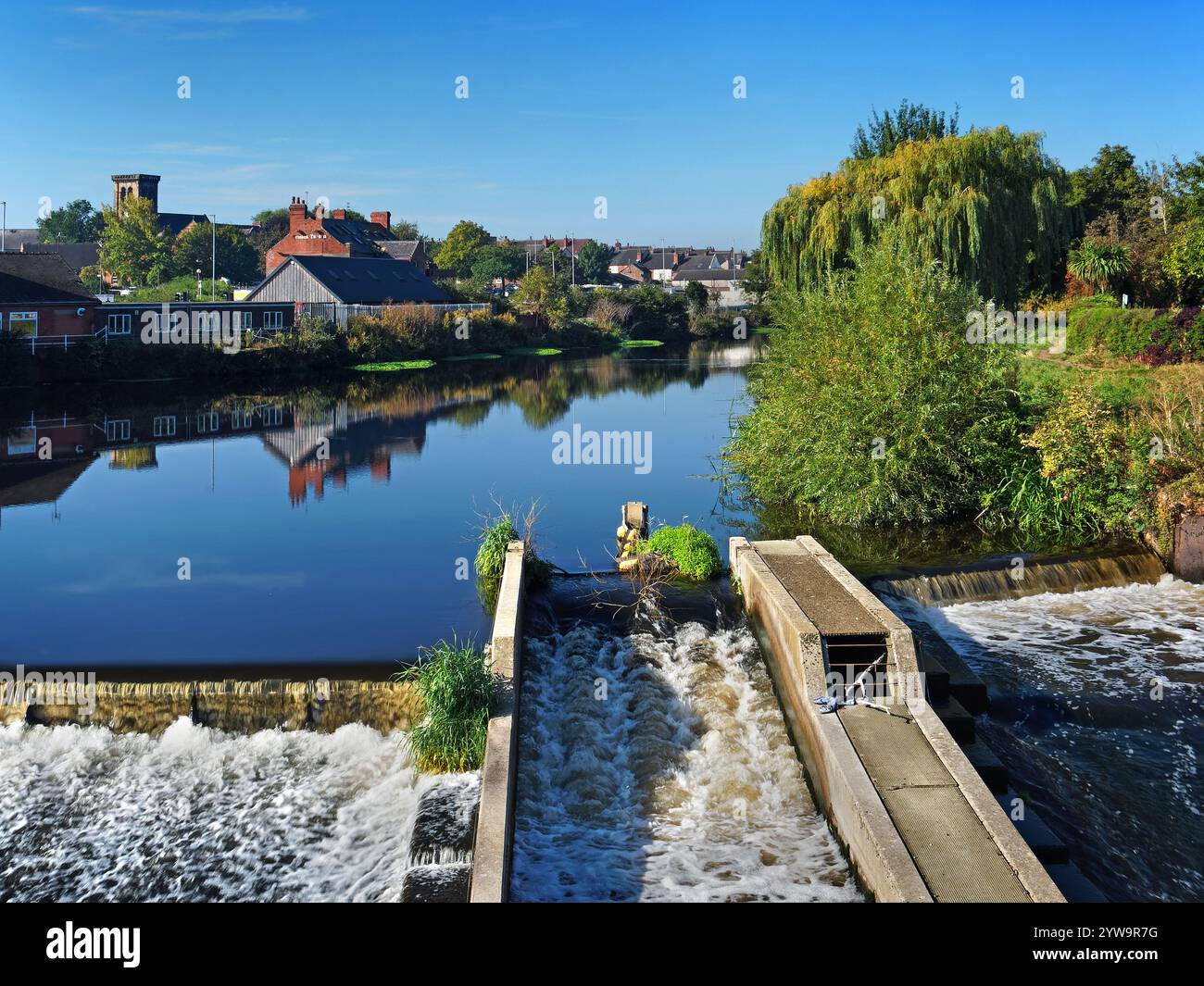 UK, West Yorkshire, Castleford, River Aire and Castleford Weir from ...