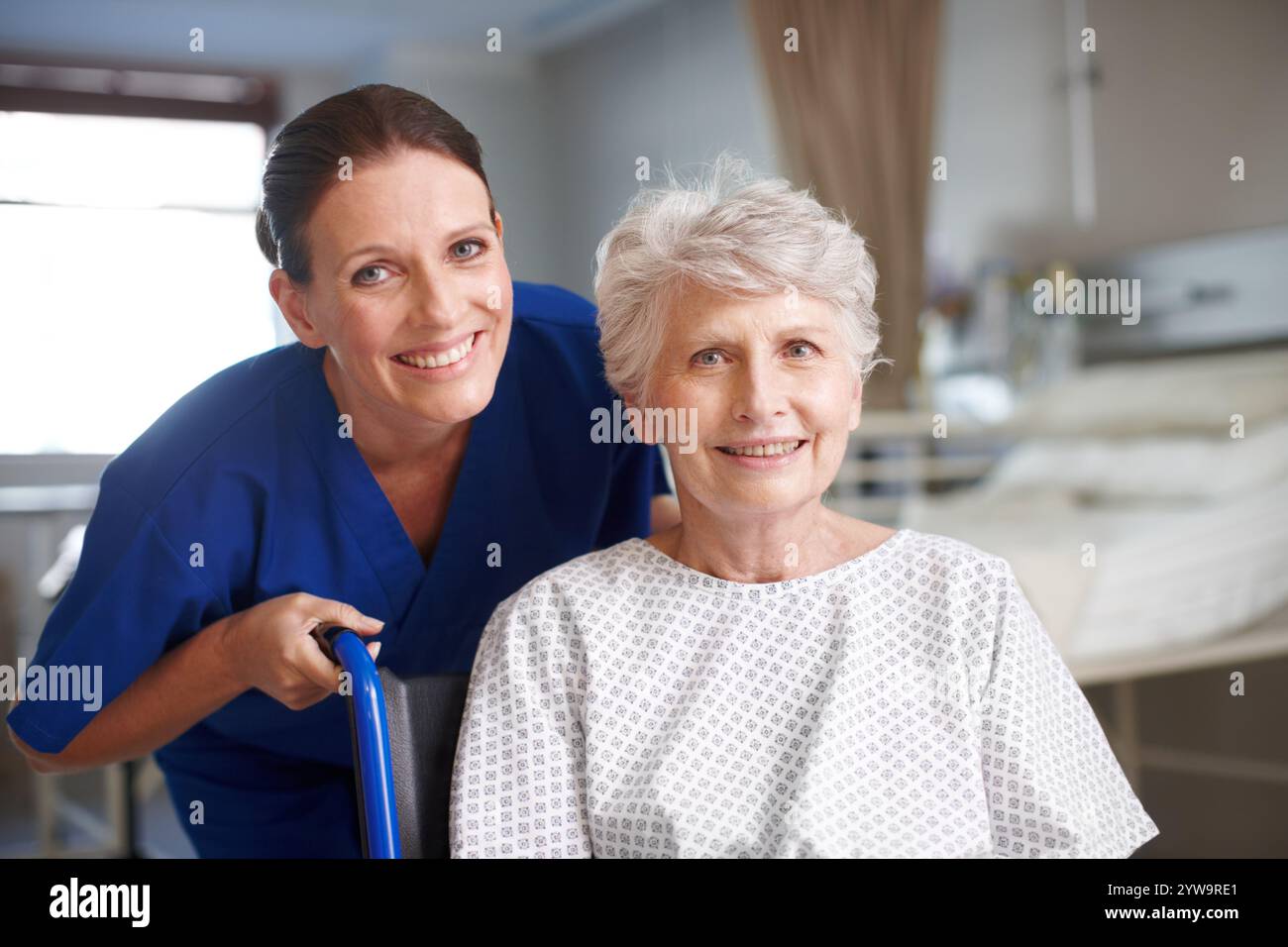 Face, healthcare and senior woman with disability, smile and assisted ...