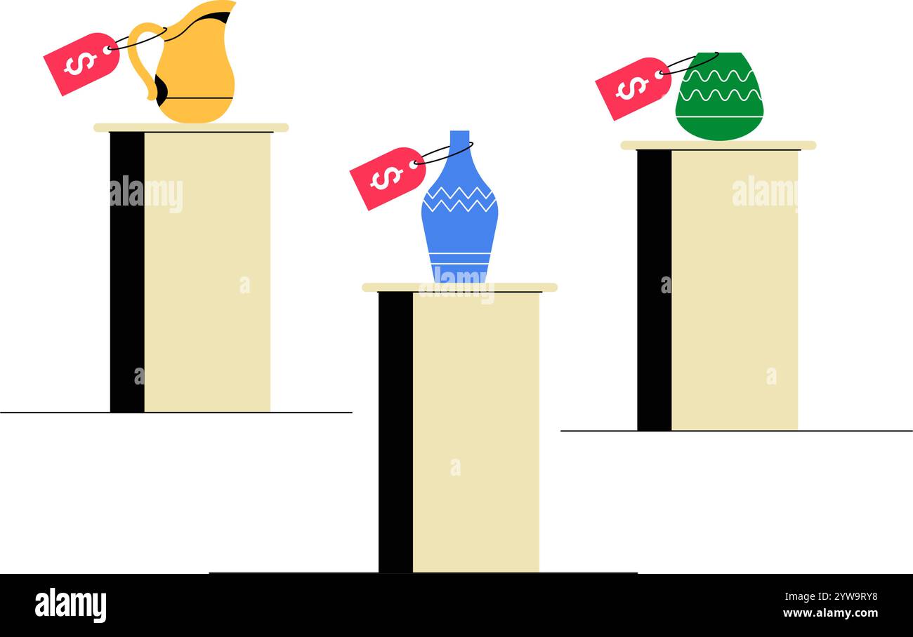 Ceramics On Display With Price Tags In Flat Vector Illustration ...