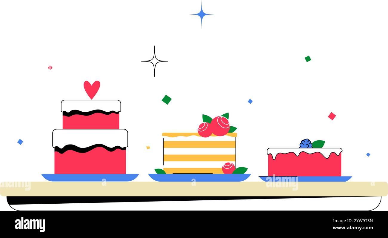 Assorted Cakes Displayed On A Shelf In Flat Vector Illustration ...