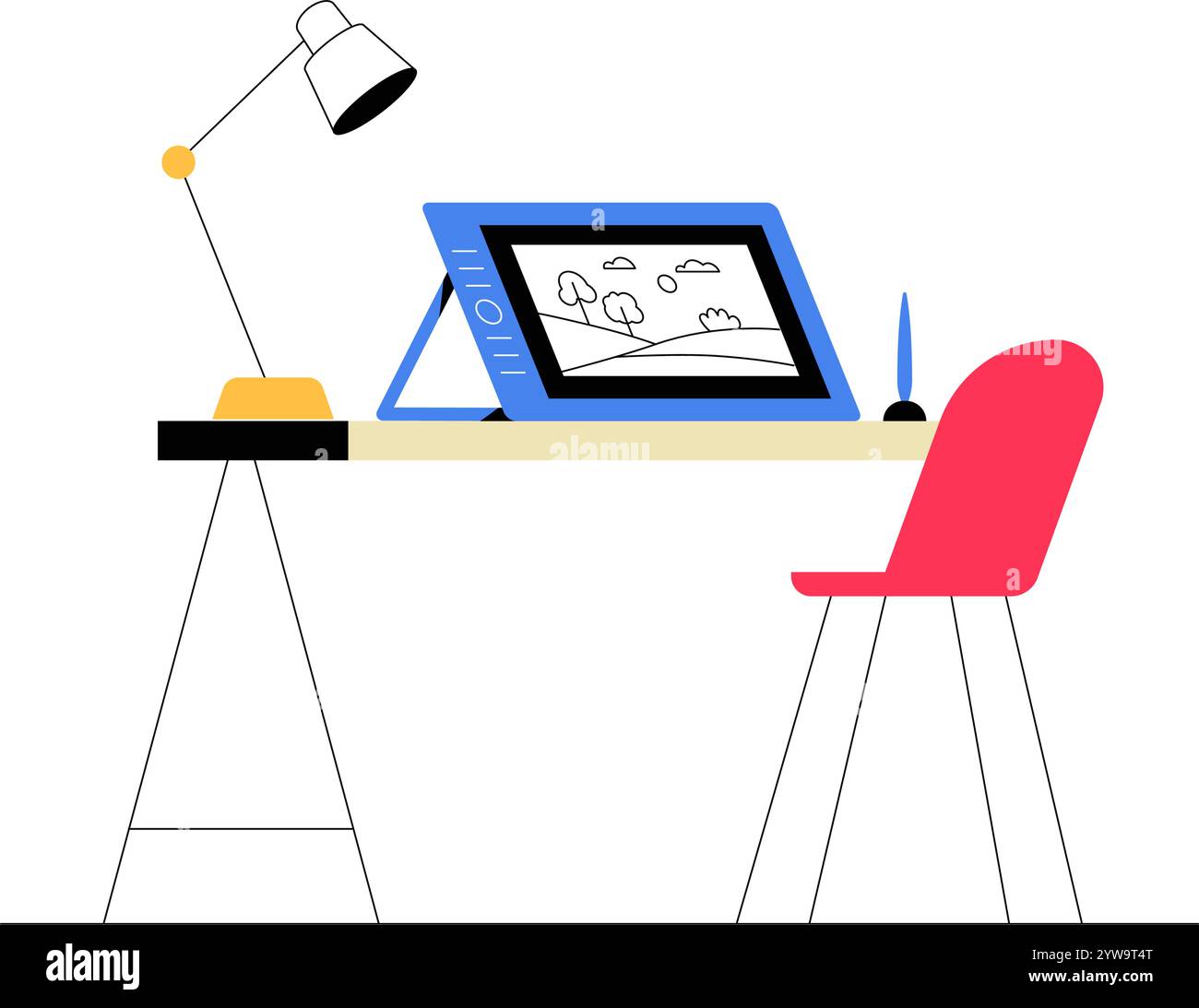 Digital Art Desk With Lamp And Drawing Tablet In Flat Vector ...