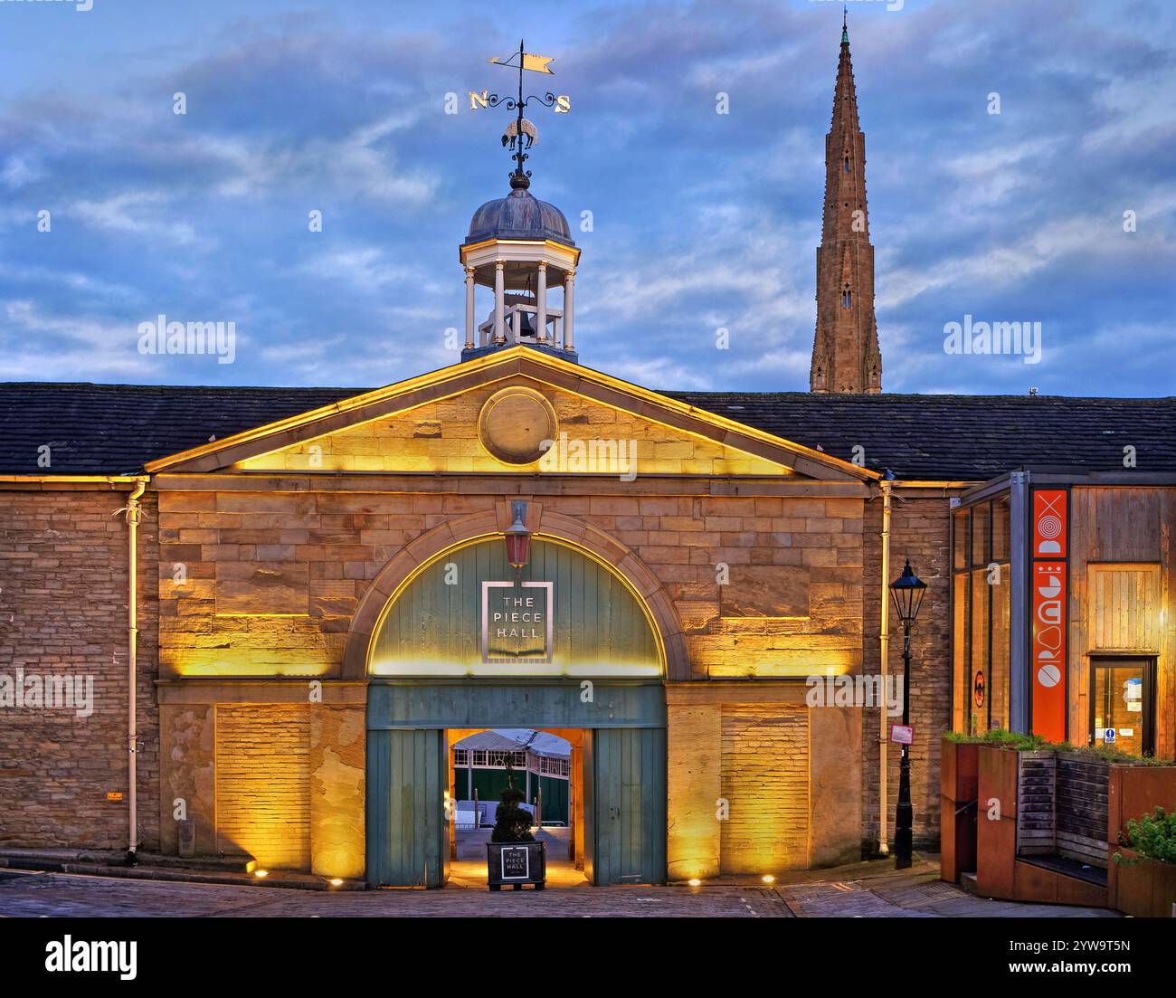 UK, West Yorkshire, Halifax, Piece Hall Entrance and the Square Church ...