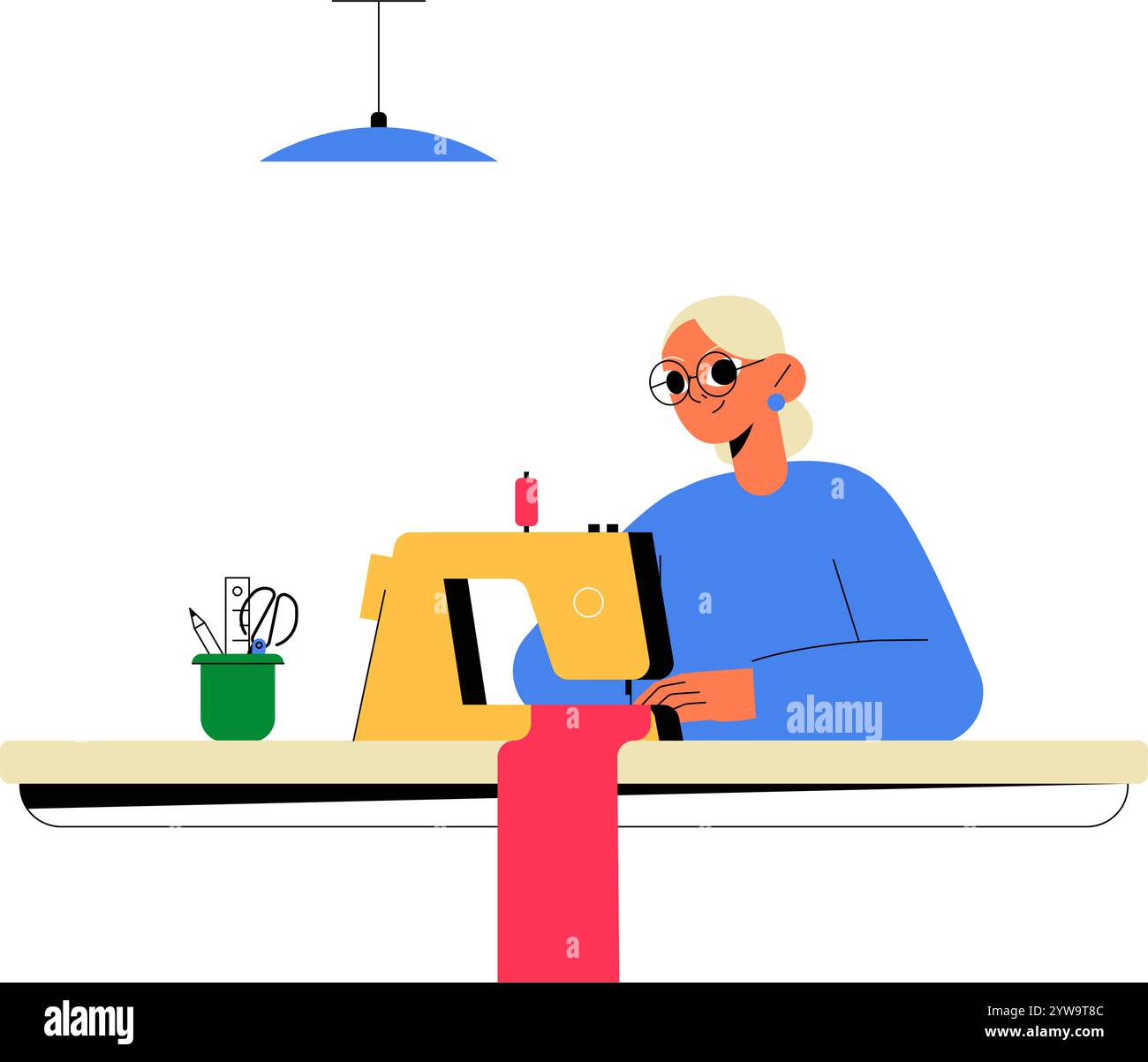 Female Tailor Using Sewing Machine In Flat Vector Illustration ...