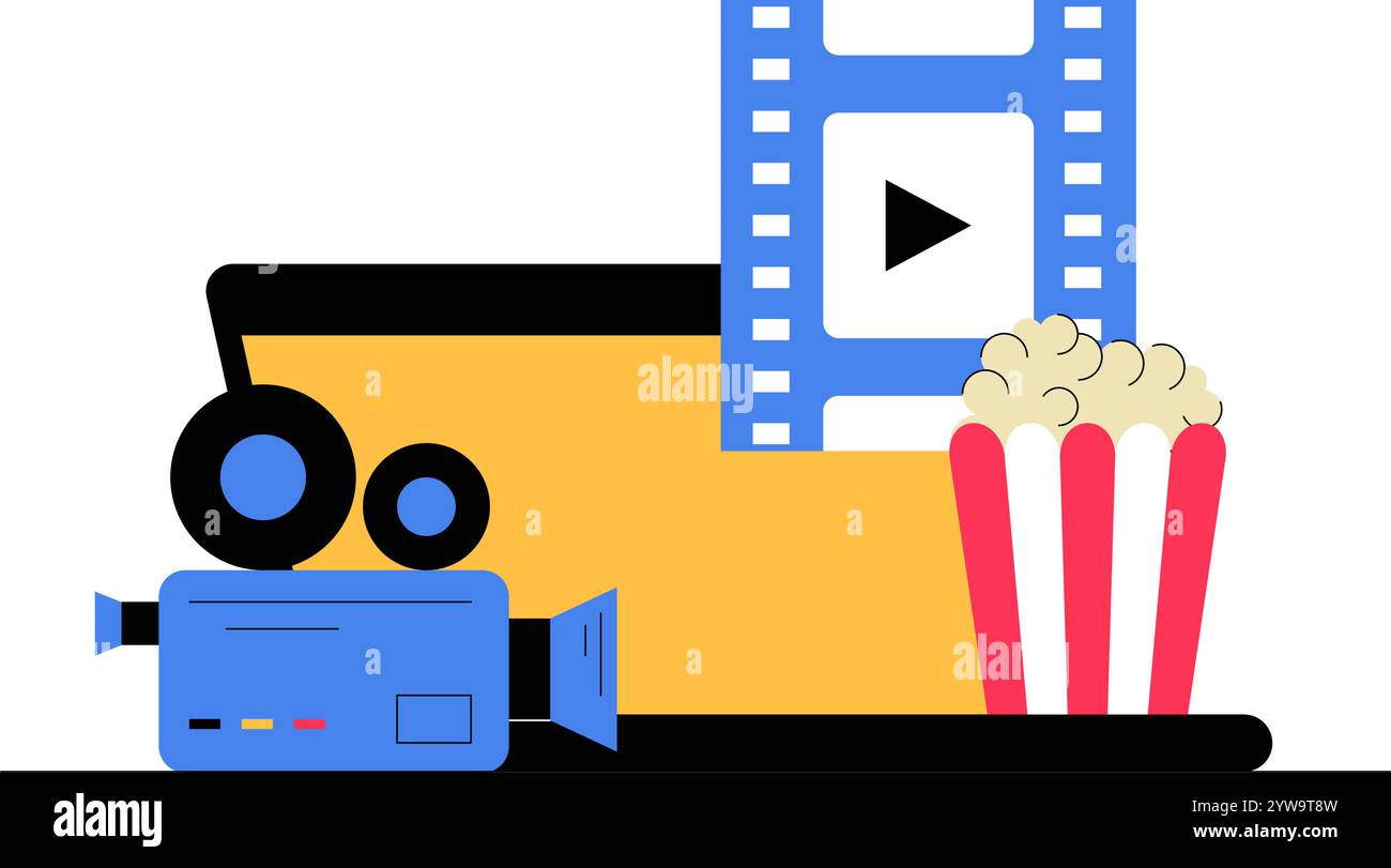 Film Camera, Popcorn, And Movie Reel In Flat Vector Illustration ...