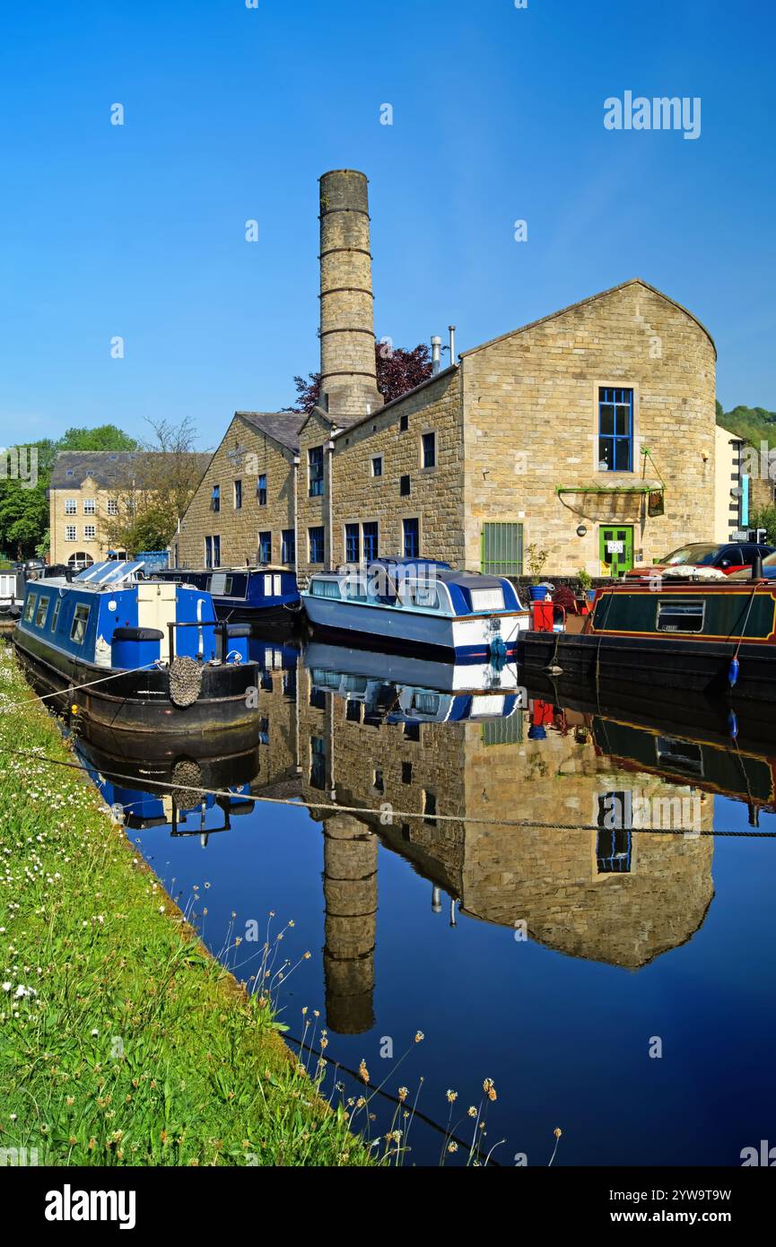 UK, West Yorkshire, Hebden Bridge, Rochdale Canal and Crossley Mill ...