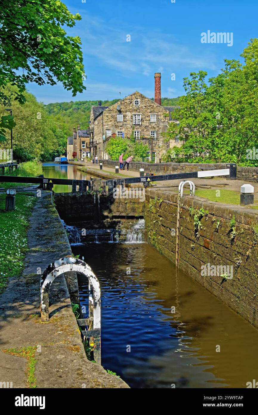 UK, West Yorkshire, Hebden Bridge, View from Hebble End Bridge over the ...