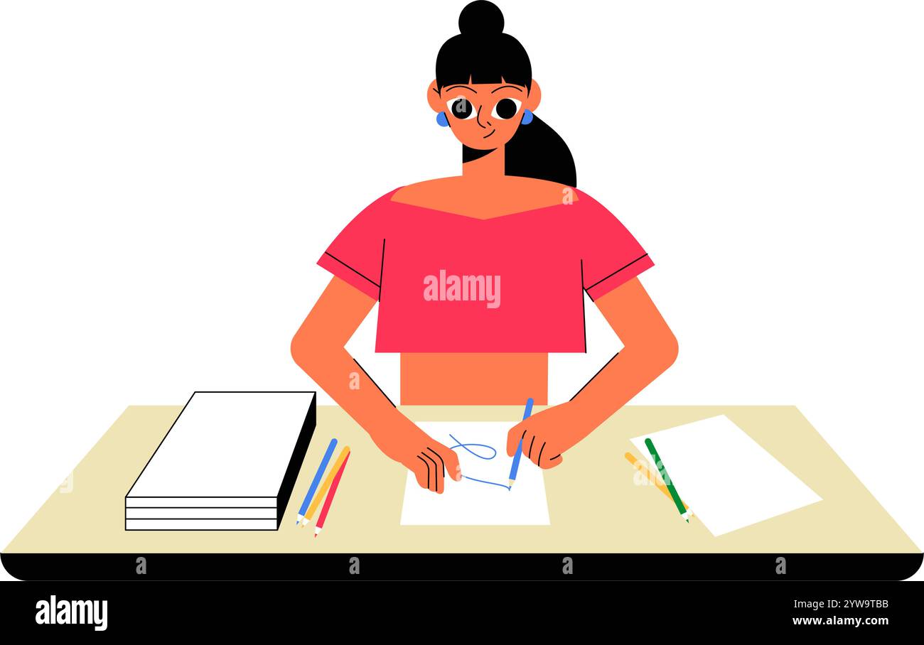 Female Artist Drawing At Desk In Flat Vector Illustration Symbolizing ...