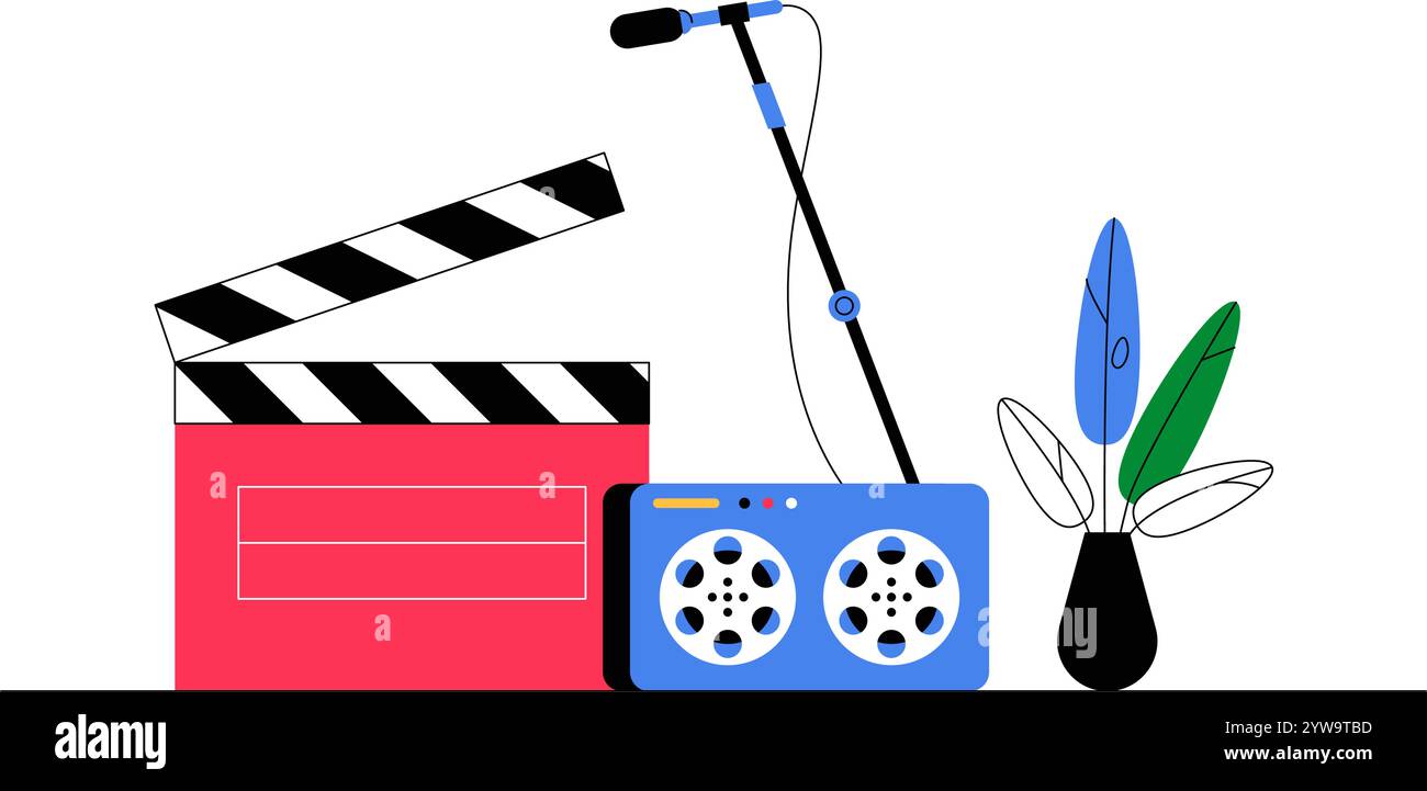 Film Reel, Clapperboard, And Microphone In Flat Vector Illustration ...