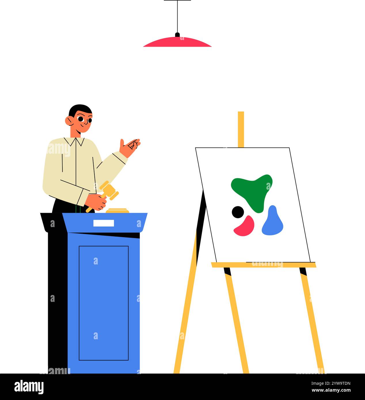 Male Presenter Explaining Art Concepts With Canvas On Easel In Flat ...