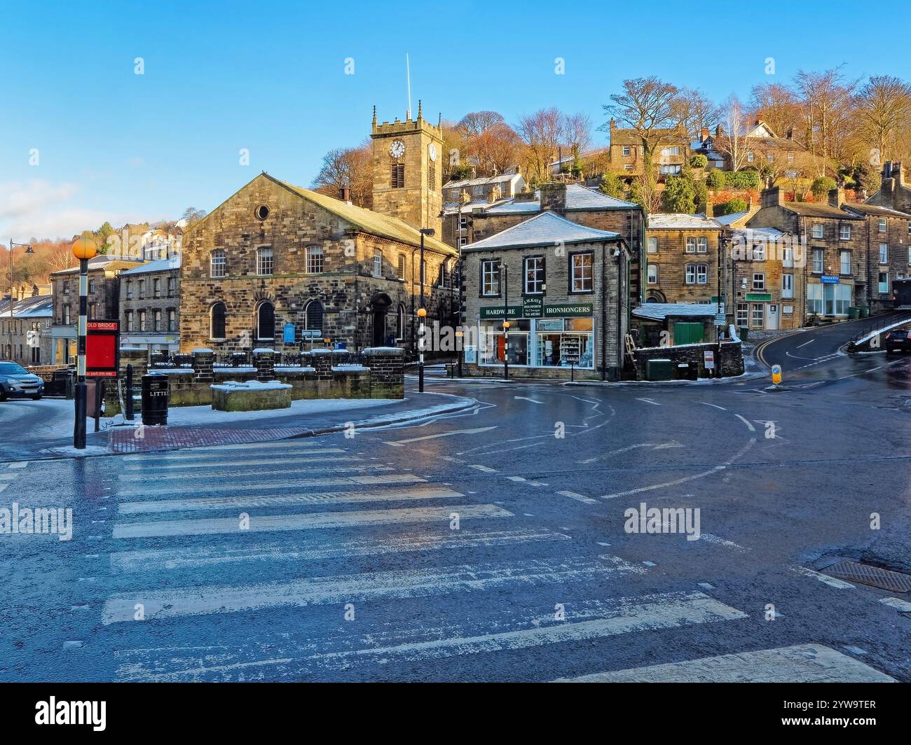 UK, West Yorkshire, Holmfirth Town Centre with Holy Trinity Church ...