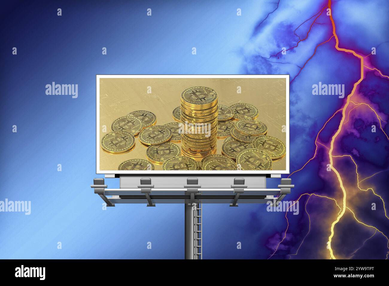 Symbolic image, Bitcoin on billboard, storm, questionable vision of the ...