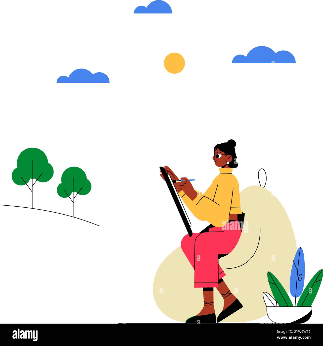 Female Artist Drawing Outdoors In Flat Vector Illustration Symbolizing ...