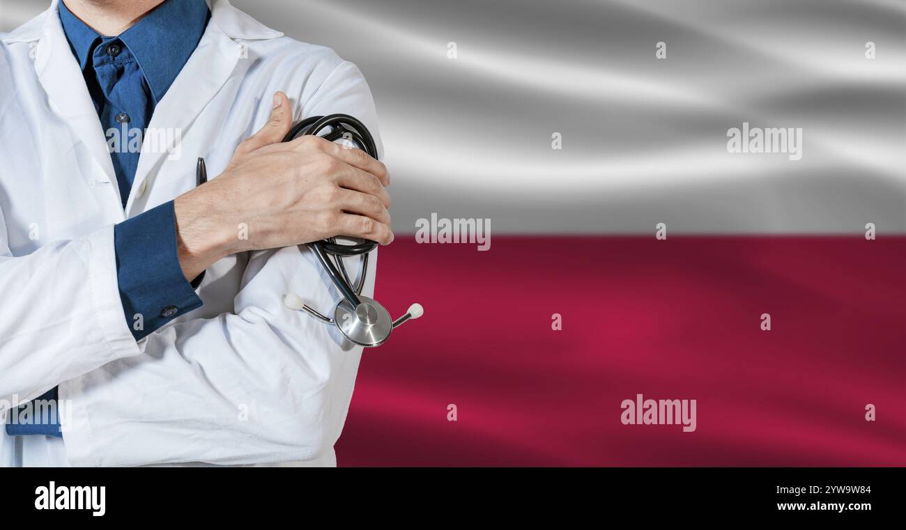 Doctor with stethoscope on Poland flag. Doctor holding stethoscope on ...