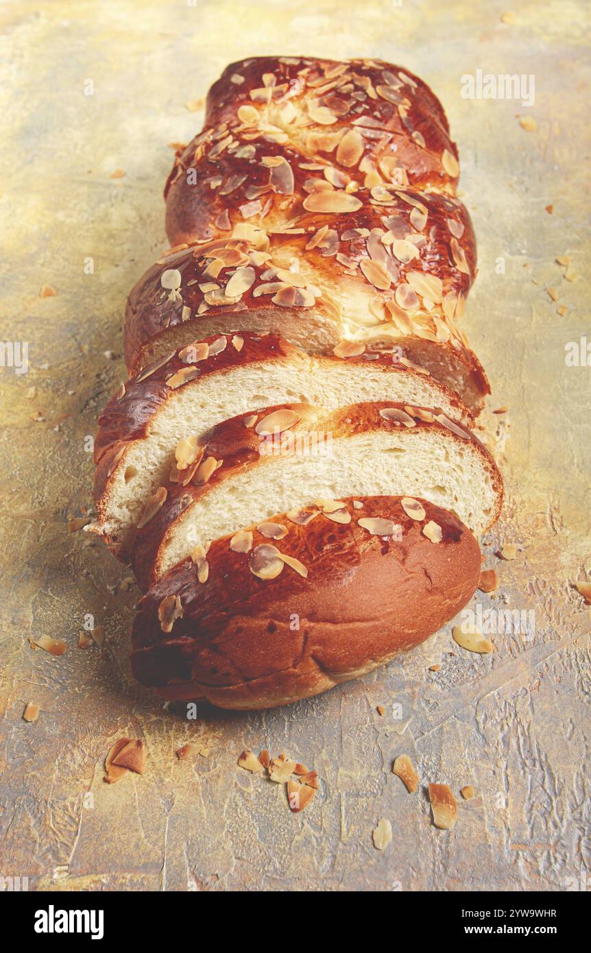 Braided, sweet bread pie, with sliced almonds, breakfast, braided bread ...
