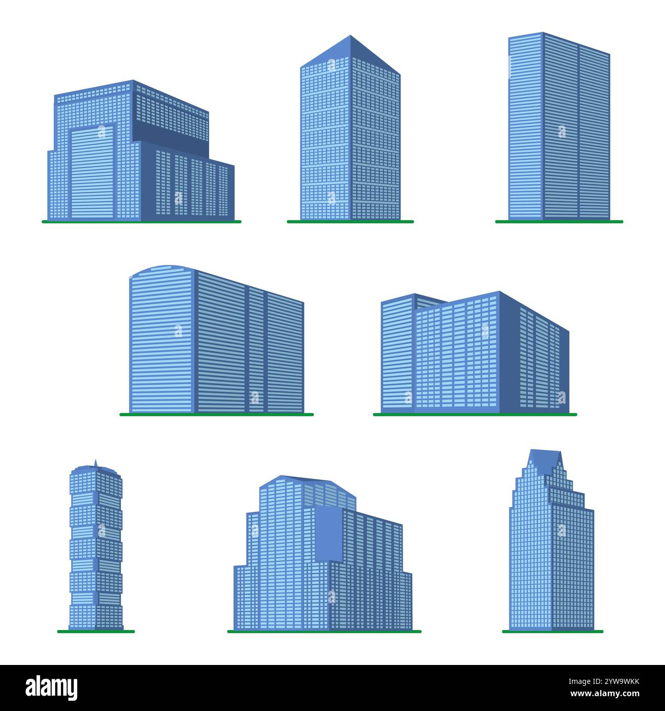 Set of eight modern high-rise building on a white background. View of ...