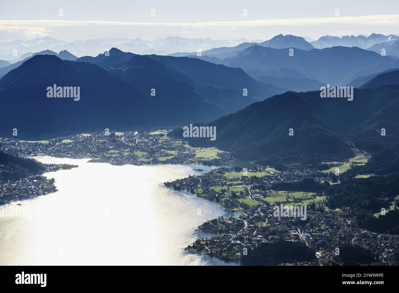 Aerial view, bird's eye view, Tegernsee and Alps, Upper Bavaria ...