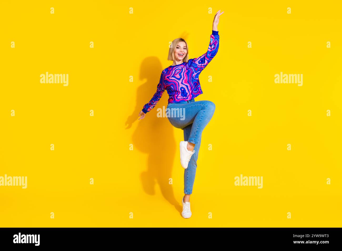 Full size photo of pretty young girl dance enjoy disco wear trendy ...