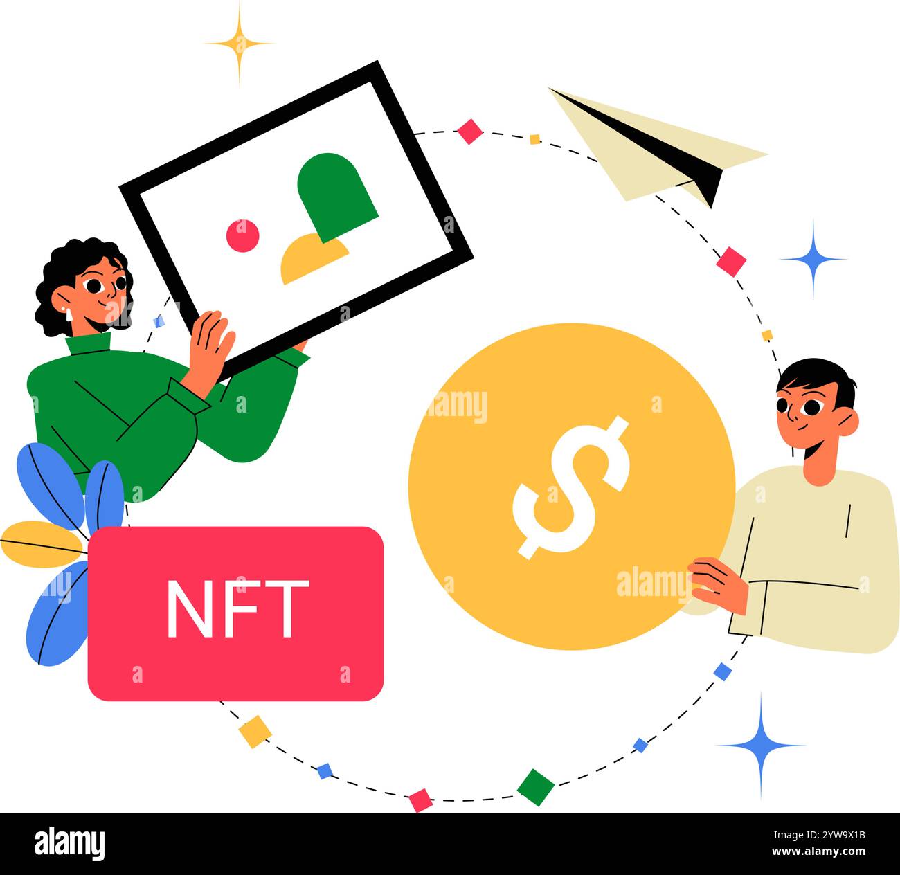 Male And Female Characters With NFT And Dollar Icons In Flat Vector ...