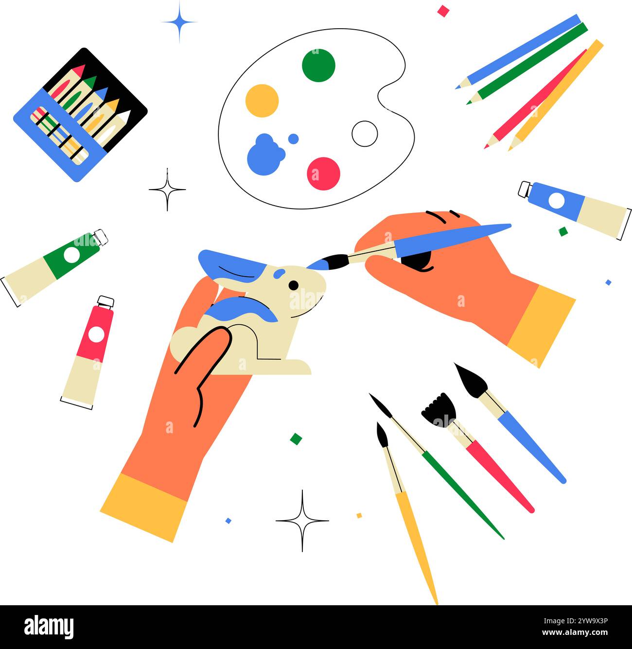 Hands Painting A Figurine With Brushes And Palette In Flat Vector ...