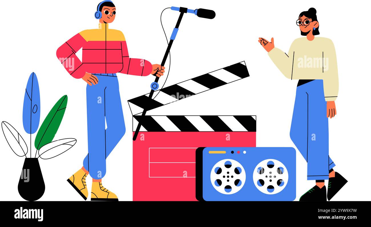 Film Crew With Sound Engineer And Director In Flat Vector Illustration Symbolizing Movie ...