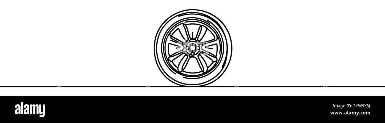 One continuous line illustration of a car wheel, isolated on white ...