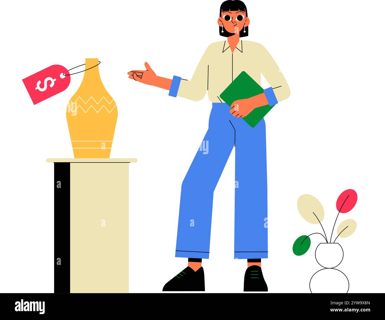 Female Curator Displaying Vase In Flat Vector Illustration Symbolizing ...
