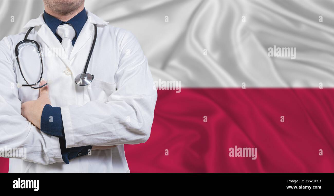 Male doctor with stethoscope on Poland flag. Doctor holding stethoscope ...