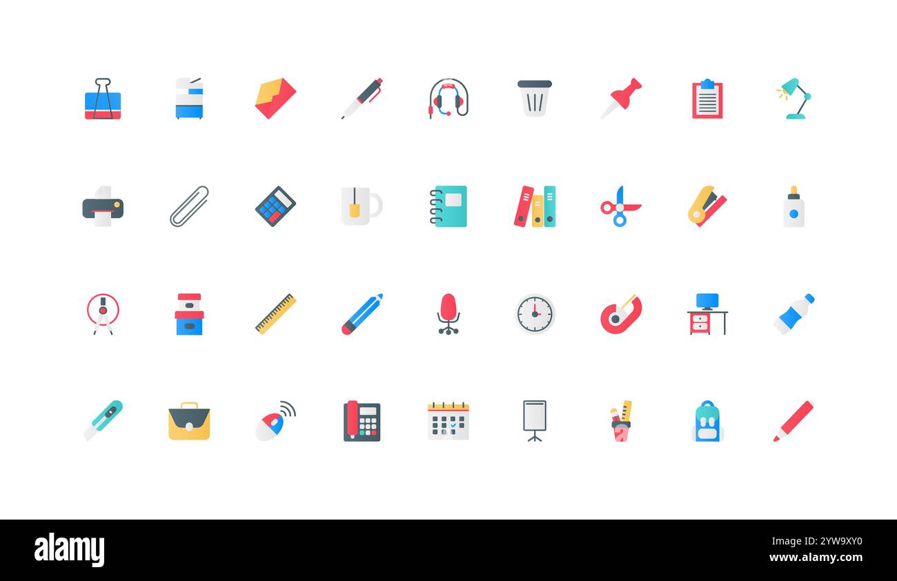 Office supplies for work, stationery and equipment color icon set ...