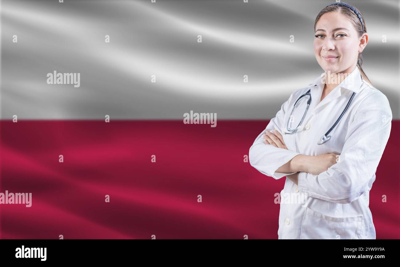 Female doctor on Poland flag. Doctor with crossed arms on Poland flag ...