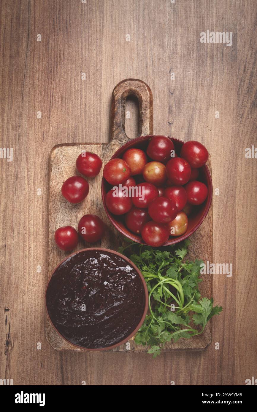 Tkemali sauce, from red cherry plum, Georgian tkemali sauce, top view ...