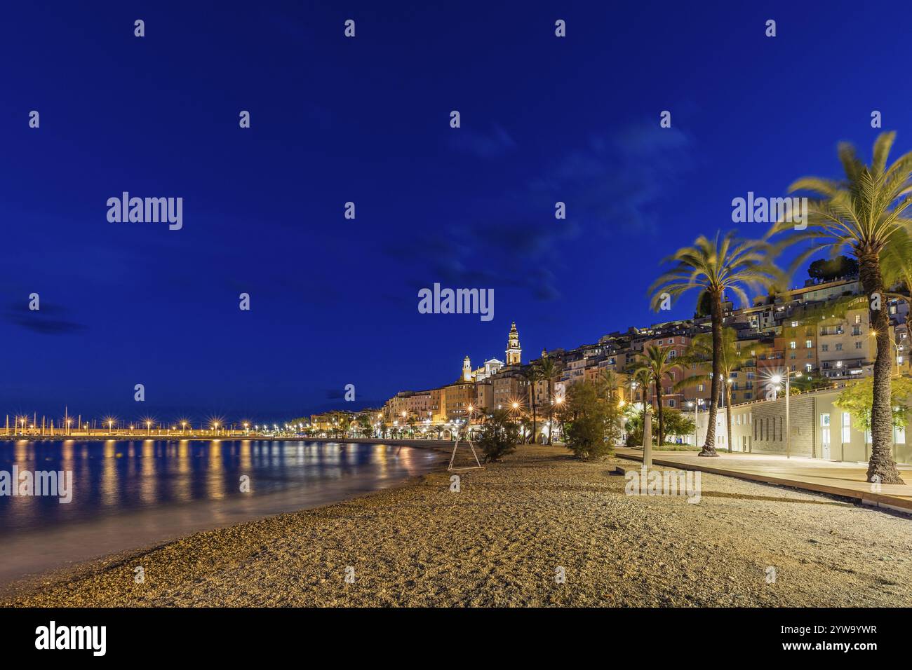 Beach and the old town of Menton by night, Mediterranean Sea, Cote d ...