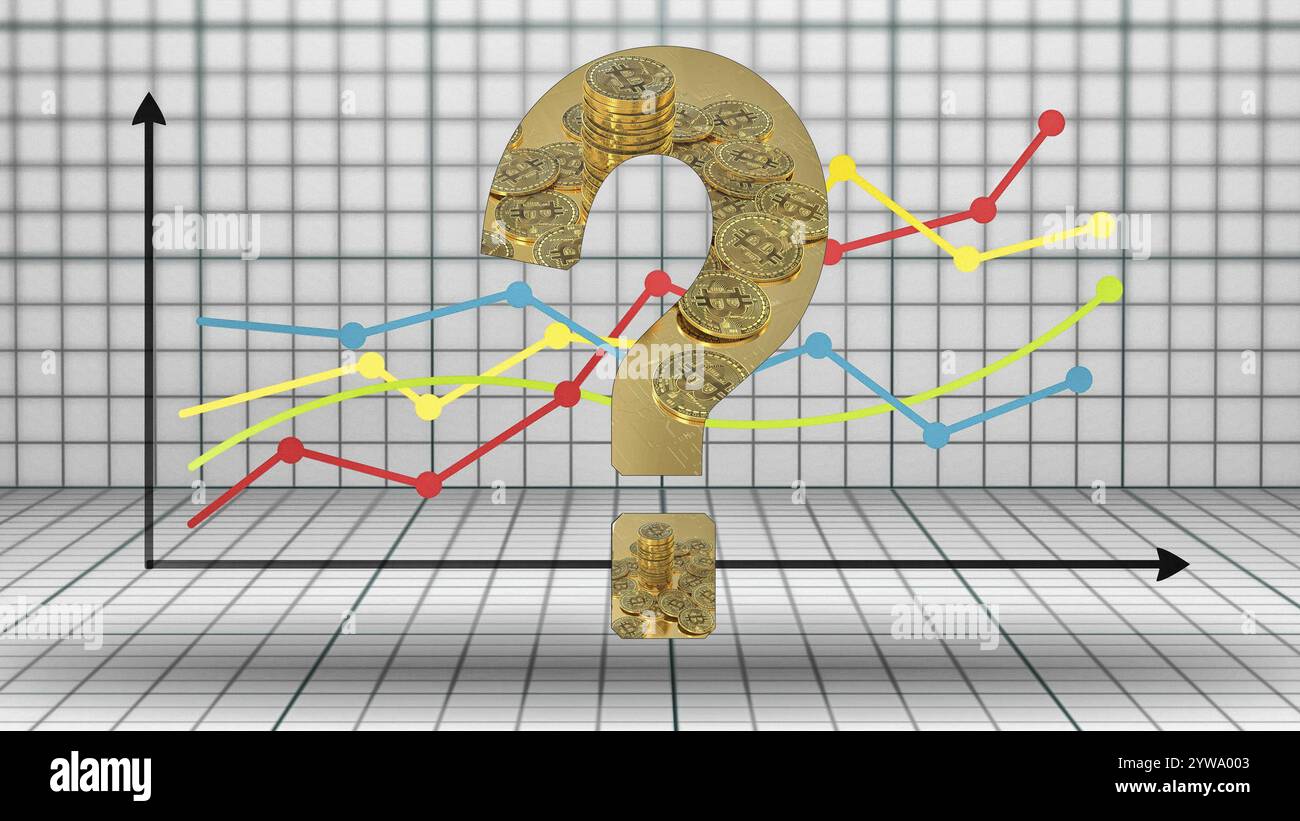 Symbol image, Bitcoin on question mark, stock market prices, insecure ...