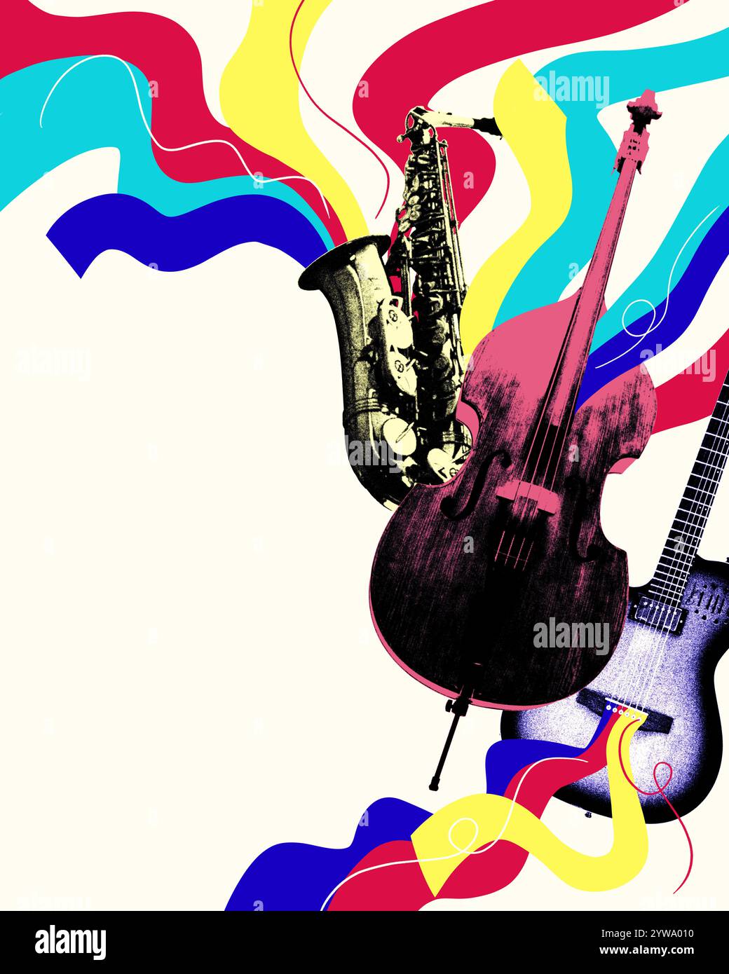 Trio of instruments blending smooth saxophone, deep bass, and electric ...