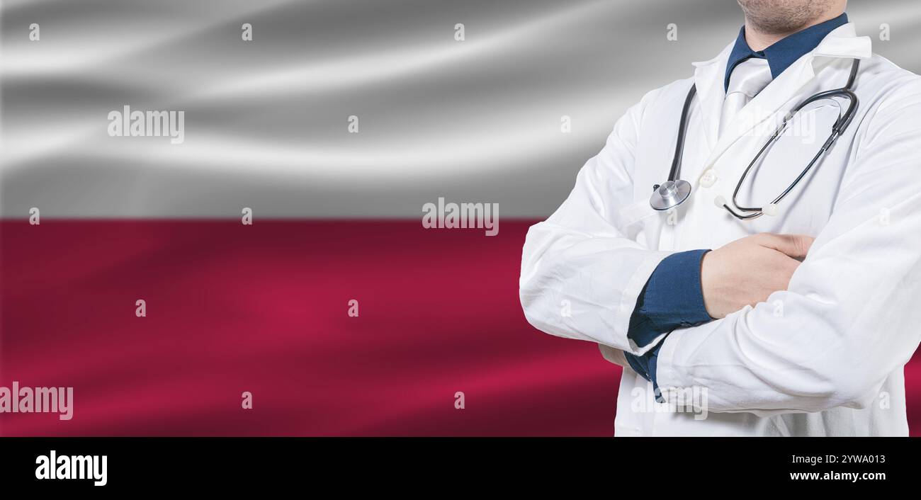 Poland Health and Care concept. Male doctor on Poland flag. Doctor with ...