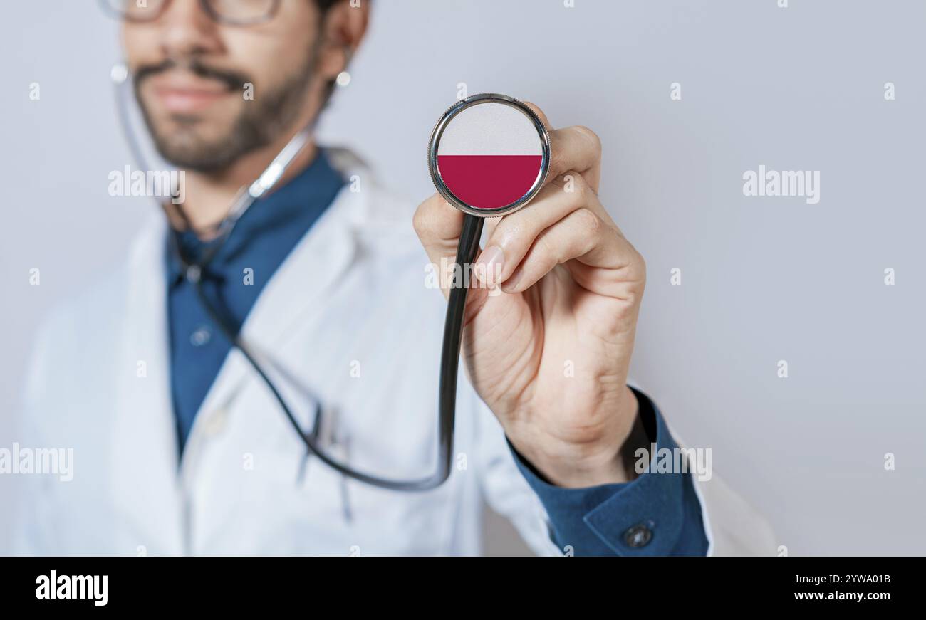 Doctor holding stethoscope with Poland flag. Polish Health and Care ...