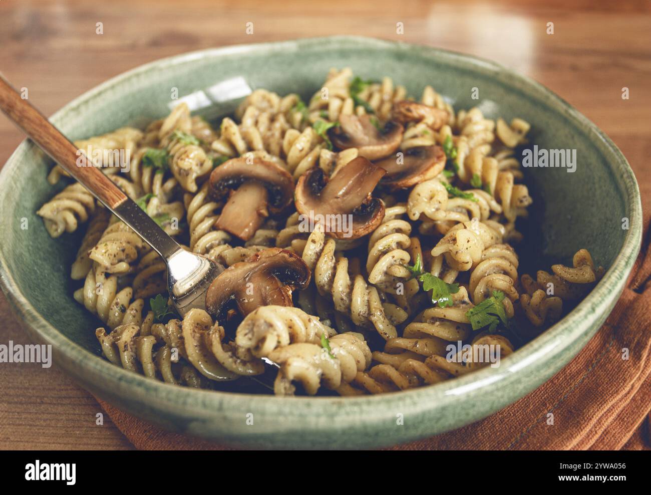 Fusilli pasta, in creamy mushroom sauce, pasta with mushrooms, homemade ...