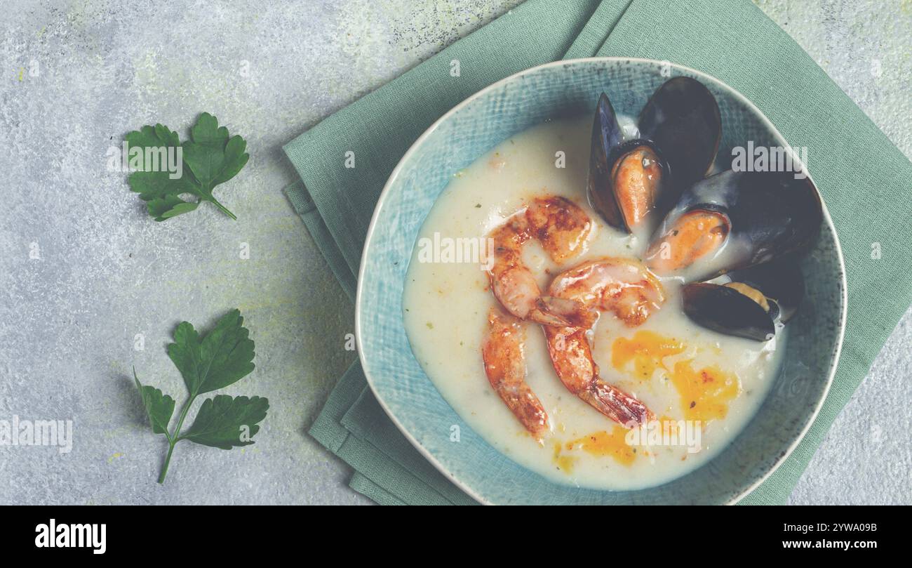 Cream soup, chowder with mussels and shrimp, American cuisine, homemade ...