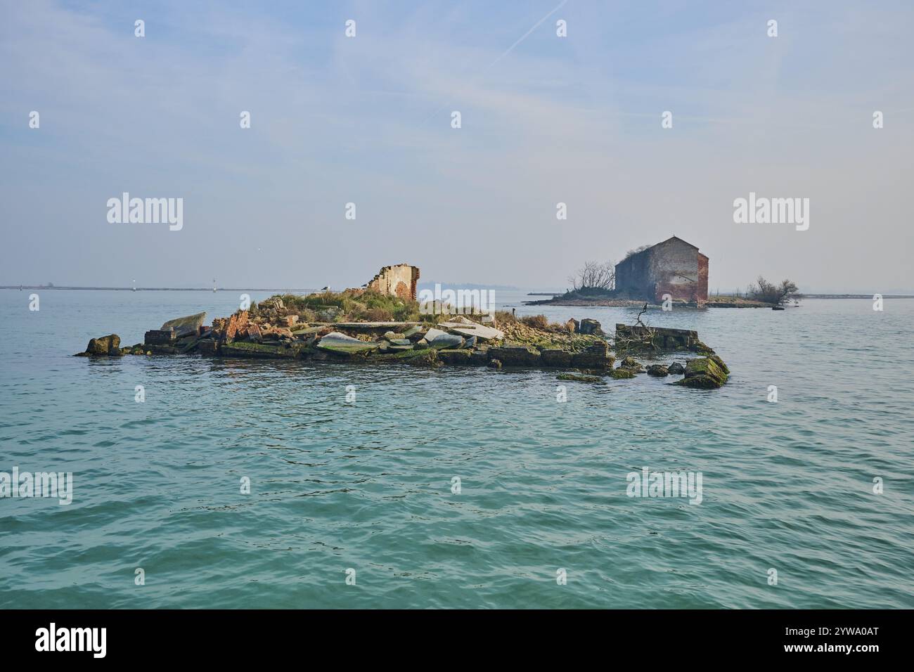 An ancient ruin on a small island on the waterway between Venice and ...